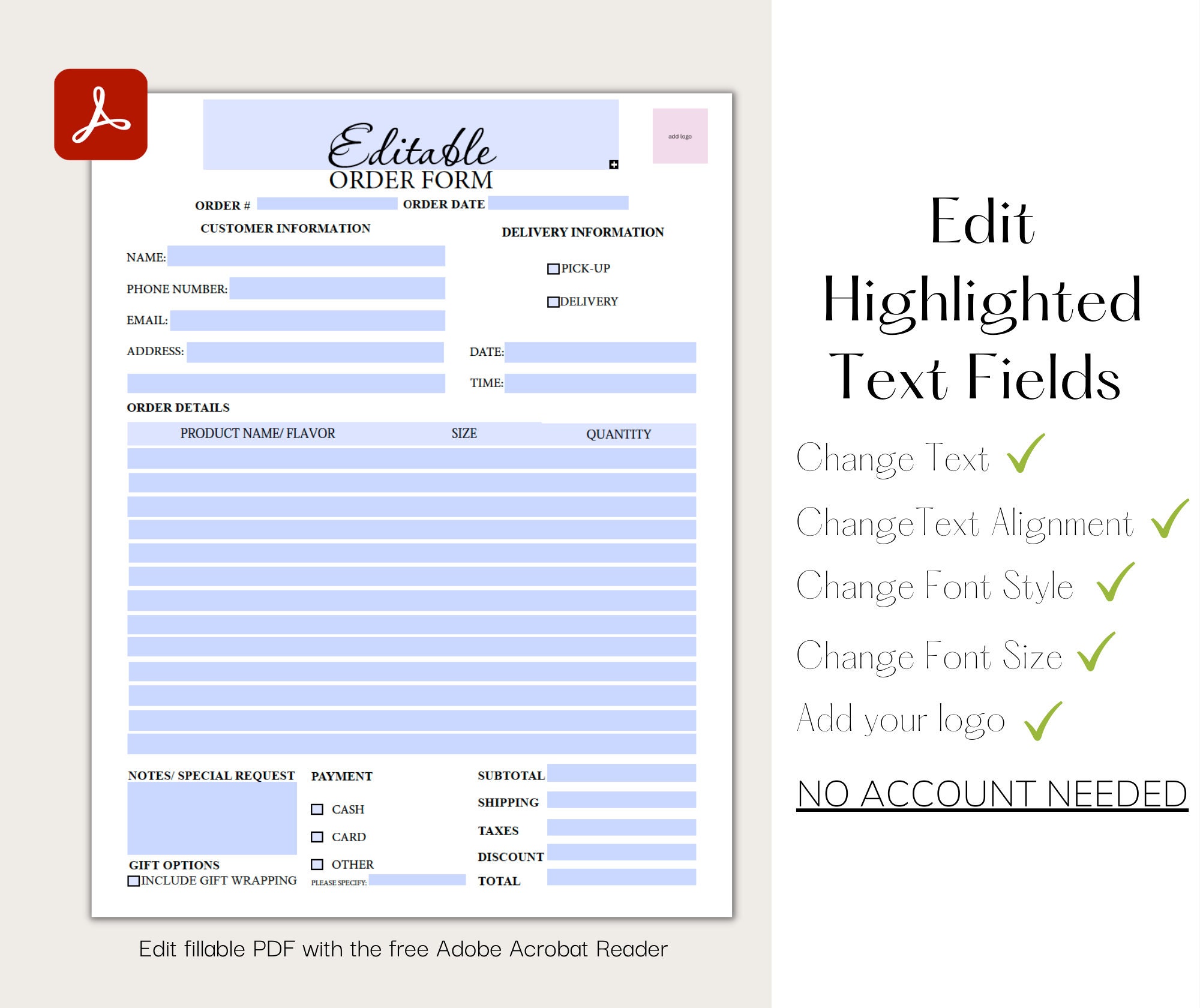 Editable Order Form Template, Printable Fillable PDF Form, US Letter ...