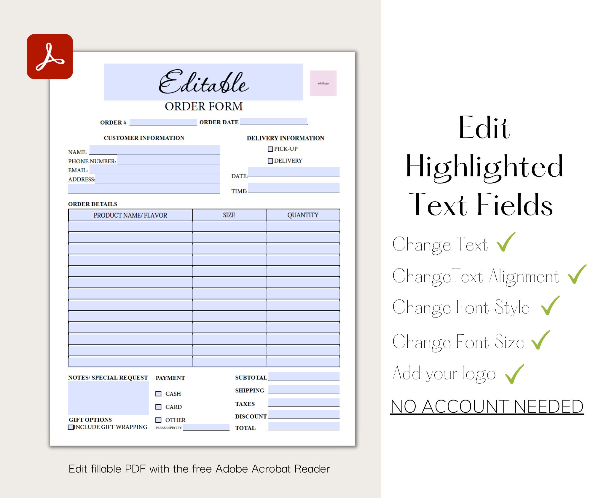Editable Order Form Template, Printable Fillable PDF, Minimalist Design ...