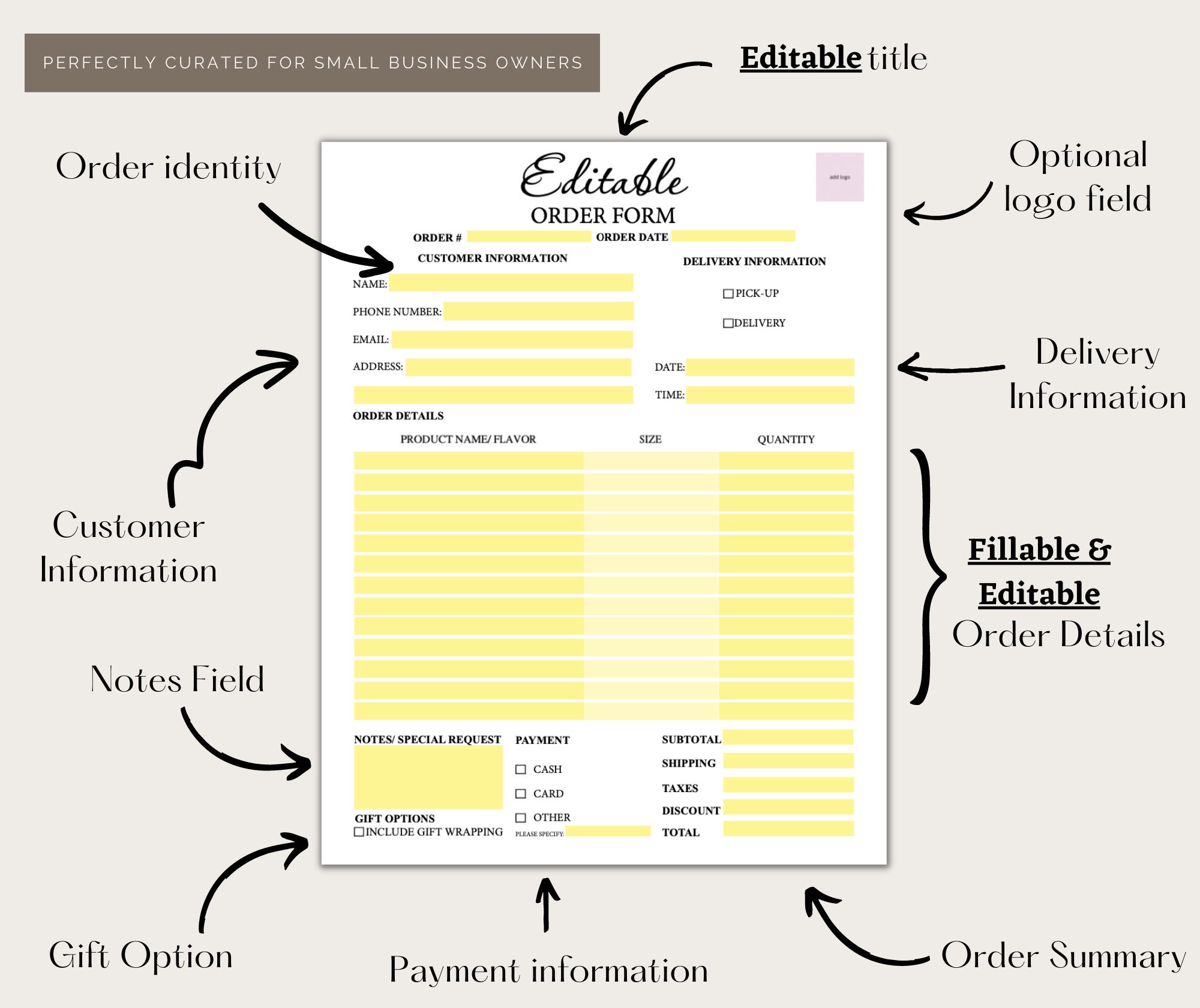 Editable Order Form Template Yellow, Printable Fillable PDF, Minimalist ...