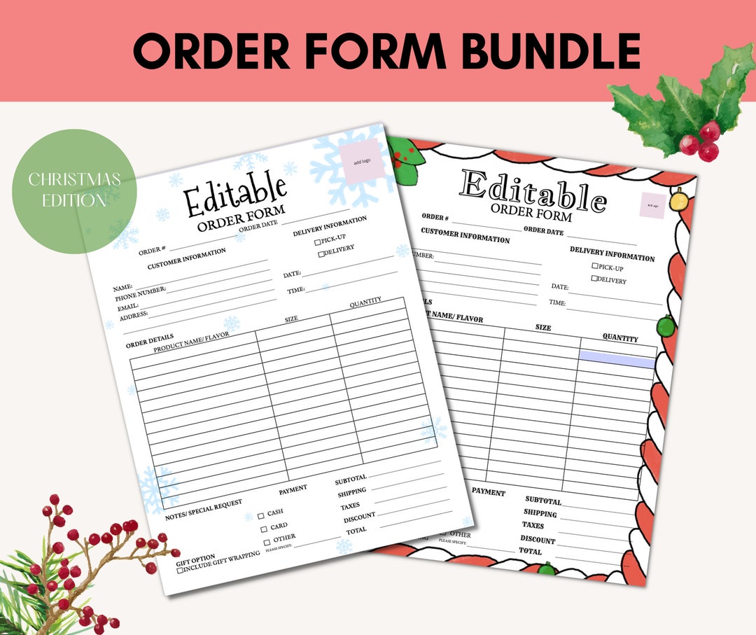Christmas Order Form Template Bundle, Editable, Fillable PDF Form, US ...