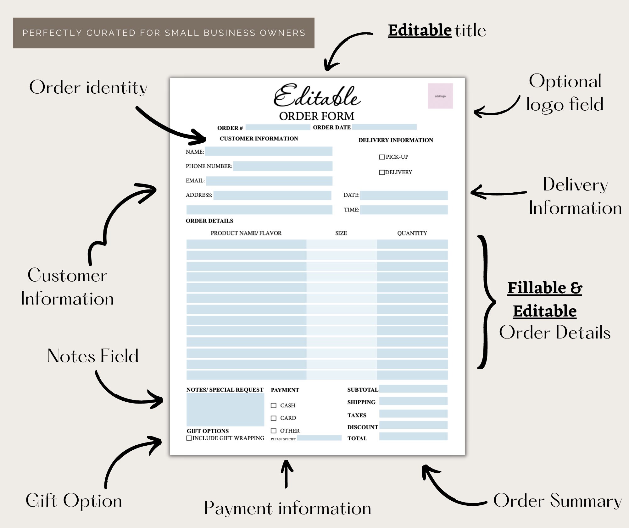 Editable Order Form Template Blue, Printable Fillable PDF, Minimalist ...