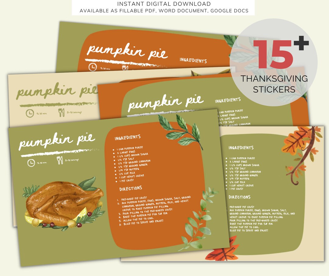 Editable Fall Recipe Card Template Bundle 4x6", Illustrated ...