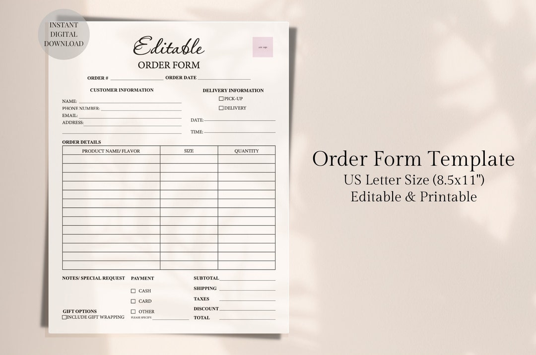 Editable Order Form Template, Printable Fillable PDF, Minimalist Design ...