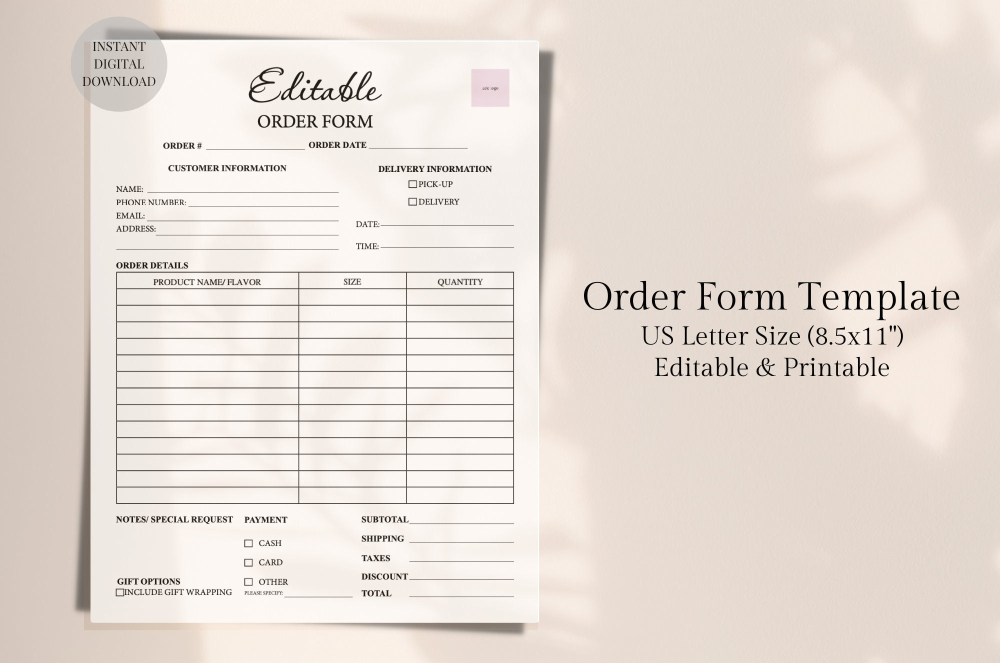 Editable Order Form Template, Printable Fillable PDF, Minimalist Design ...
