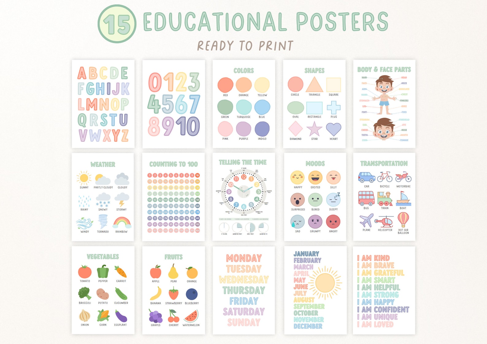BUNDLE 15 Educational Posters | Homeschool Preschool Printables | ABC ...