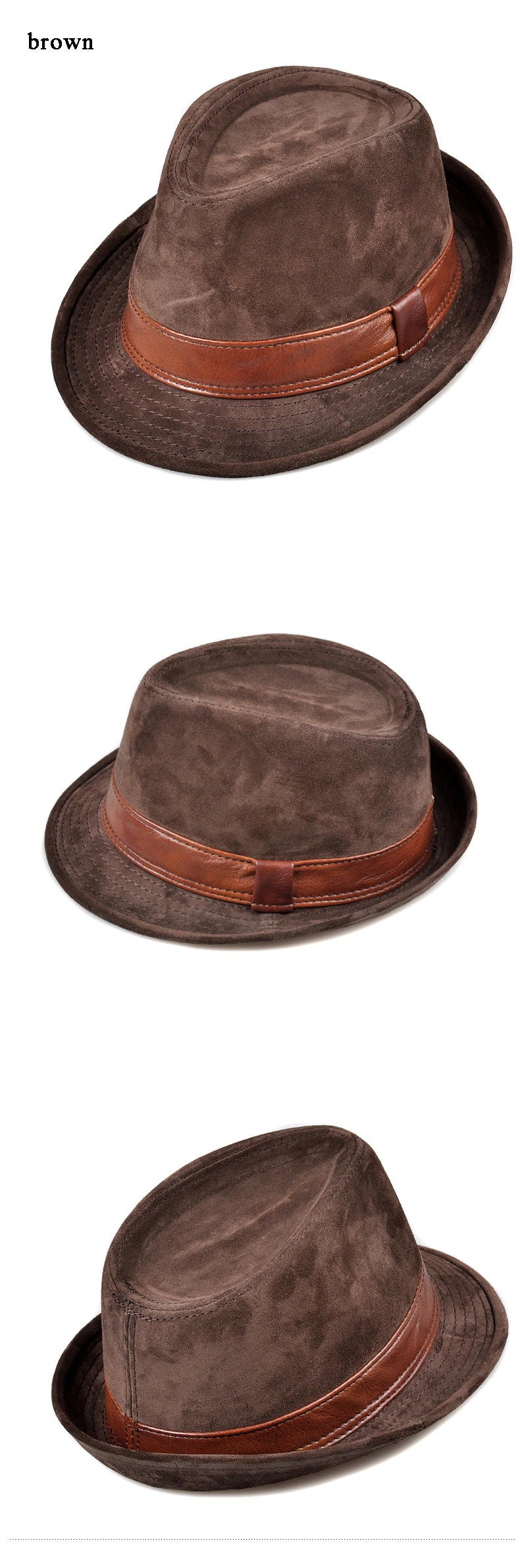 Men Genuine Leather Suede Hat, Cowhide Nubuck Brown Fedora Hat, Women ...
