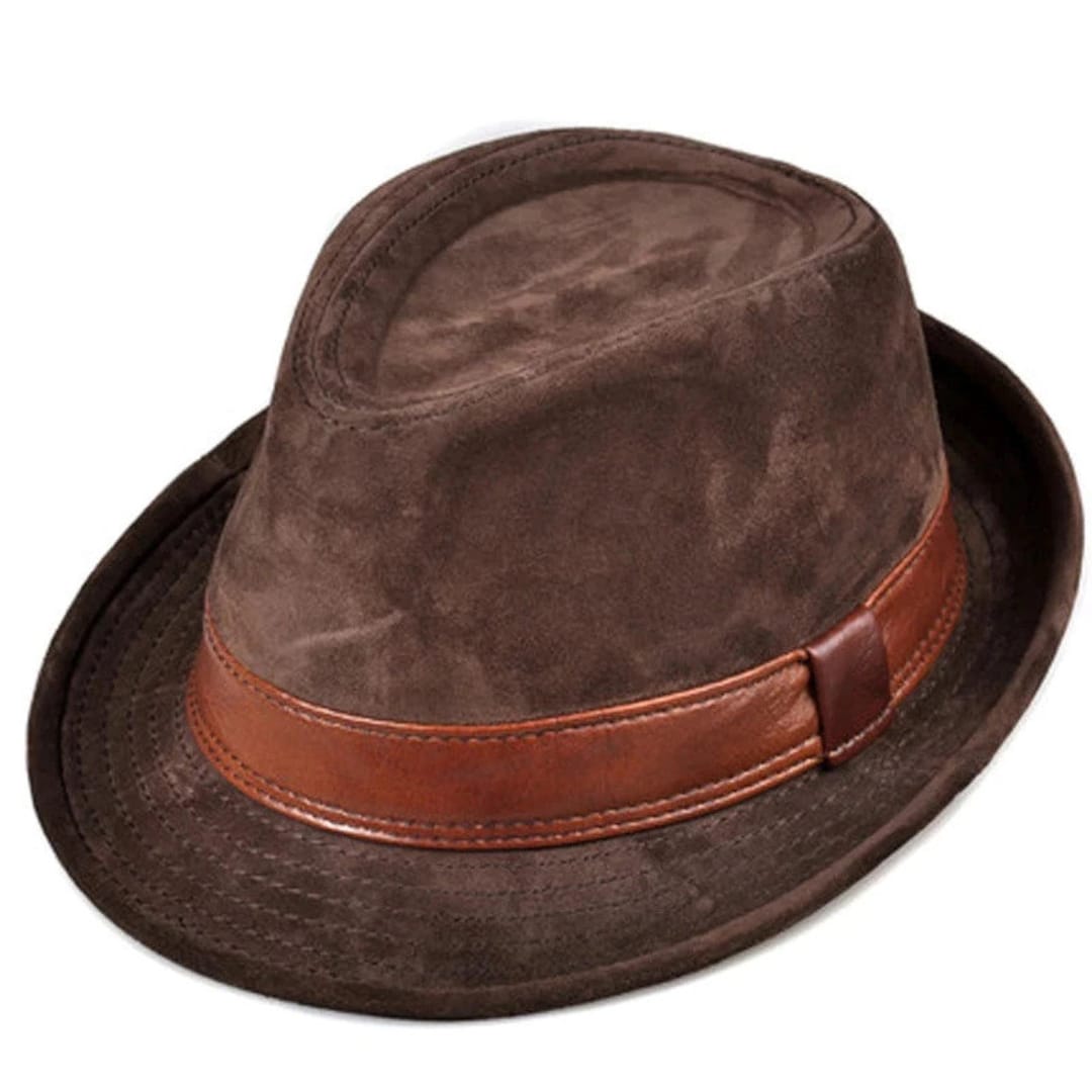 Men Genuine Leather Suede Hat, Cowhide Nubuck Brown Fedora Hat, Women ...