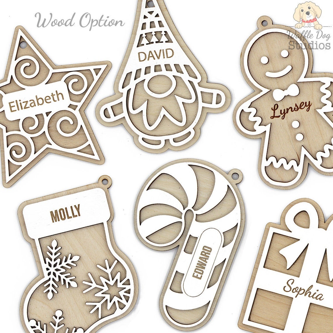 Wooden Christmas Ornaments in White Candy Cane, Gonk, Gingerbread Man ...