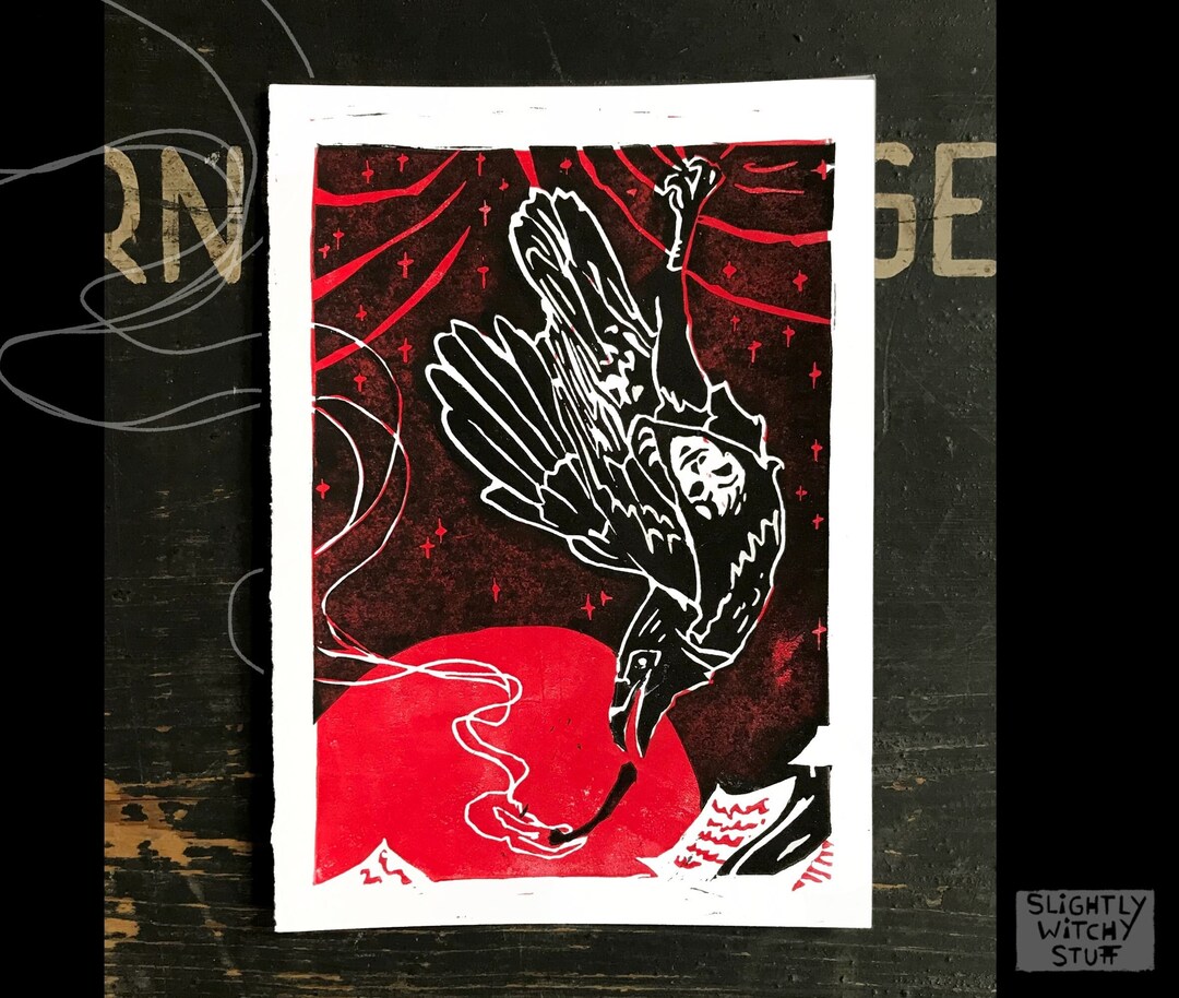 Crow Linocut Original Lino Print, Red, Handmade - Etsy