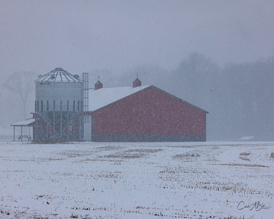 Winter Snow Scene Red Barn and Silo Sussex DE. Rural Farm Landscape ...