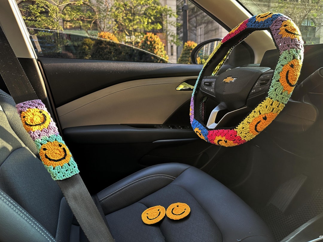 Colorful Smiley Face Crochet Car Steering Wheel Cover, Smiley Car Seat ...