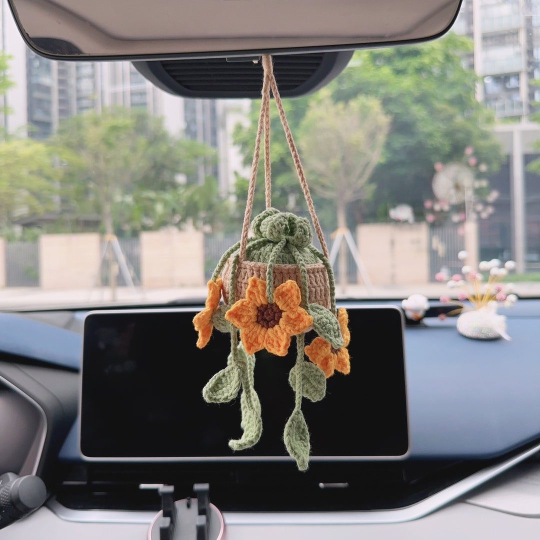 Sunflower Car Rearview Mirror Pendant,crochet Car Pendant,handmade Car ...