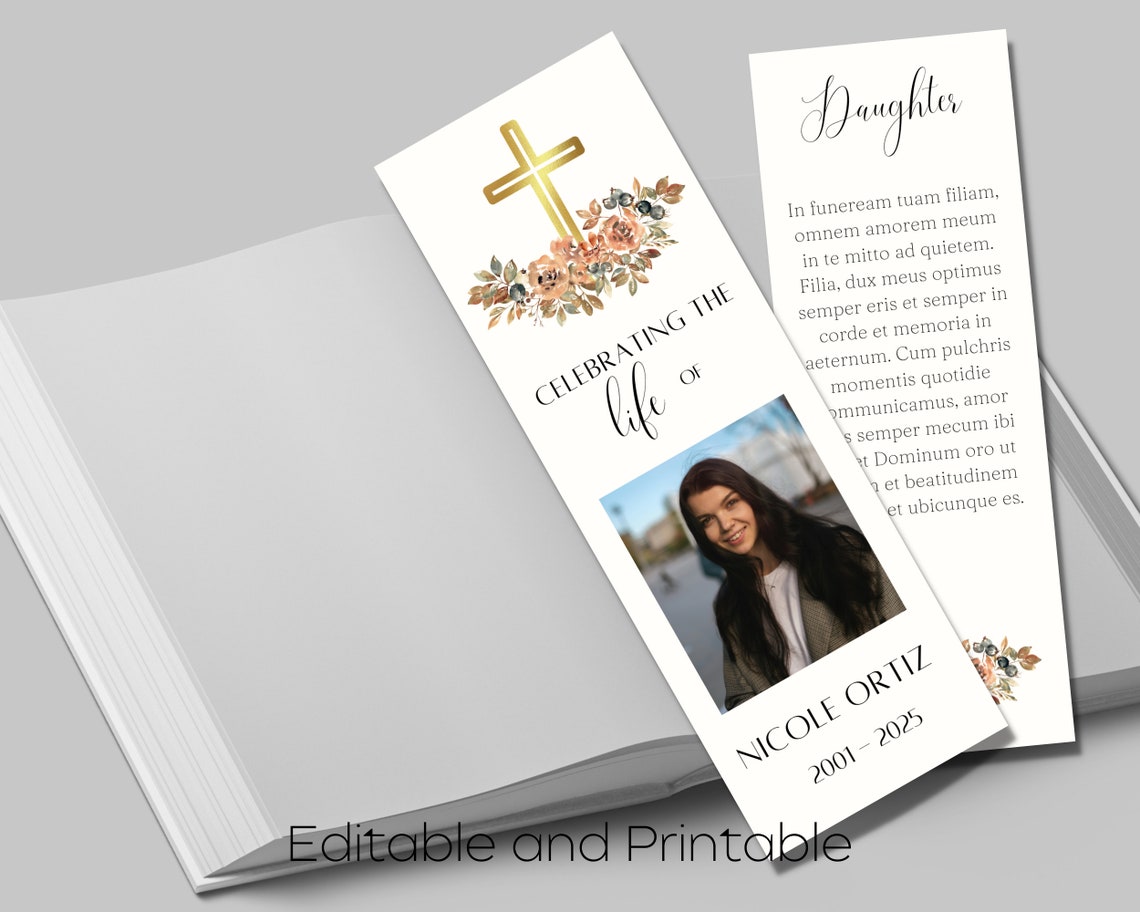 Editable Funeral Bookmark | Printable Memorial Bookmark | CANVA ...