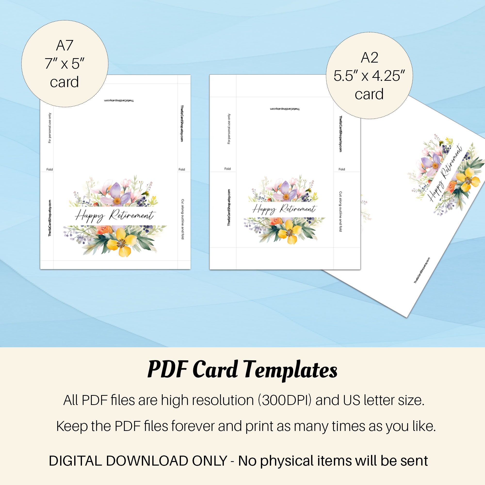 Printable Happy Retirement Watercolor Floral Greeting Card (sizes 5x7 ...