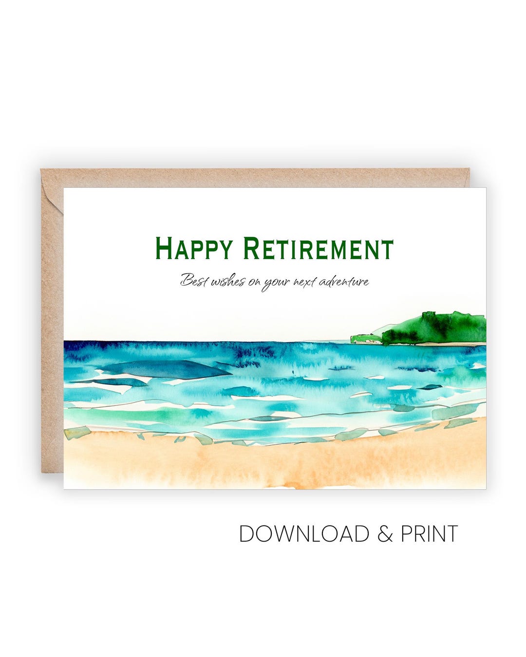 Printable Happy Retirement Card: Relaxing Beach Watercolor (sizes 5x7 ...