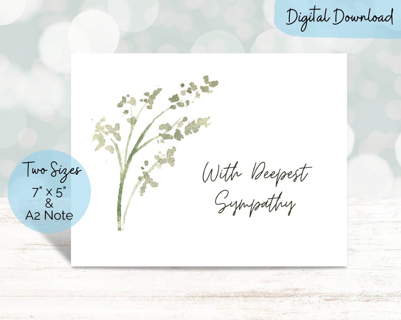 With Deepest Sympathy Simple Card: Printable Condolence (sizes 5x7 & A2 ...