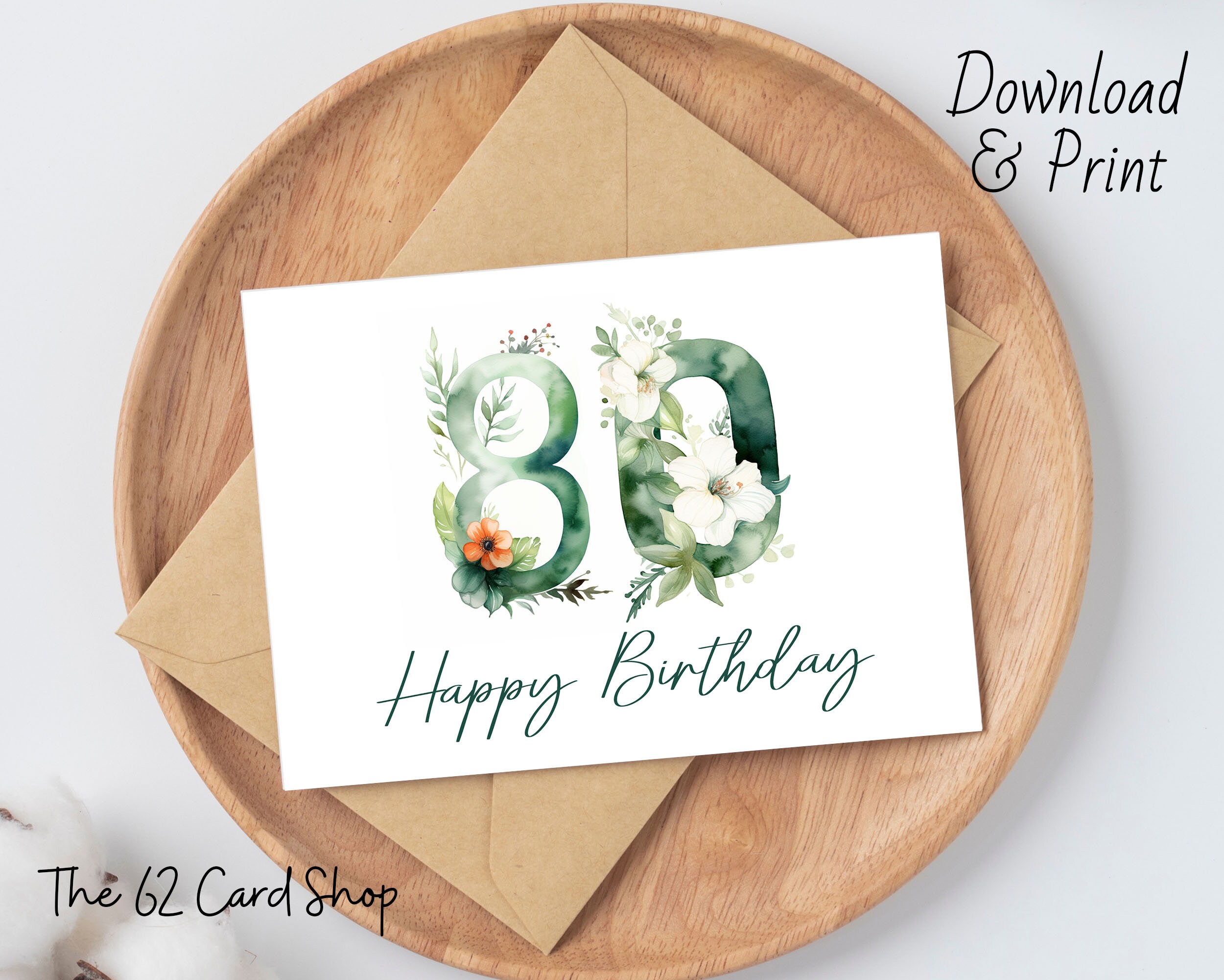 Printable 80th Birthday Card With Greenery and Flowers - Etsy