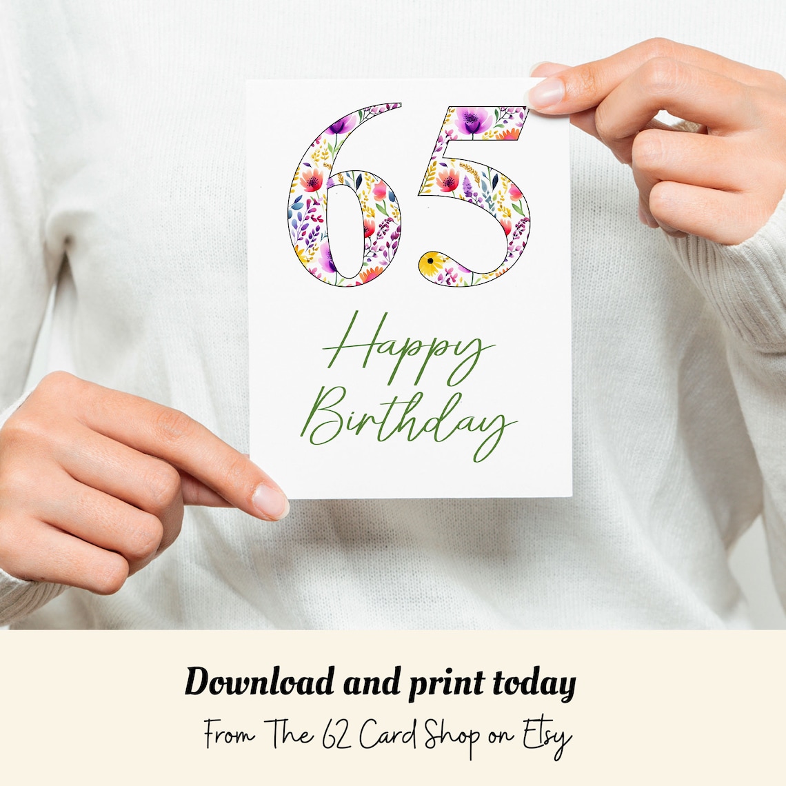 Printable 65th Birthday Card in Sizes 7x5 & A2, Celebrate a Happy 65th Birthday Milestone With a ...