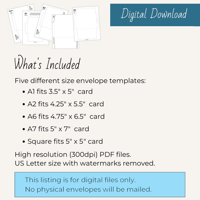 Printable Envelope Templates: Sizes A1, A2, A6(4x6), A7(7x5) & Square ...