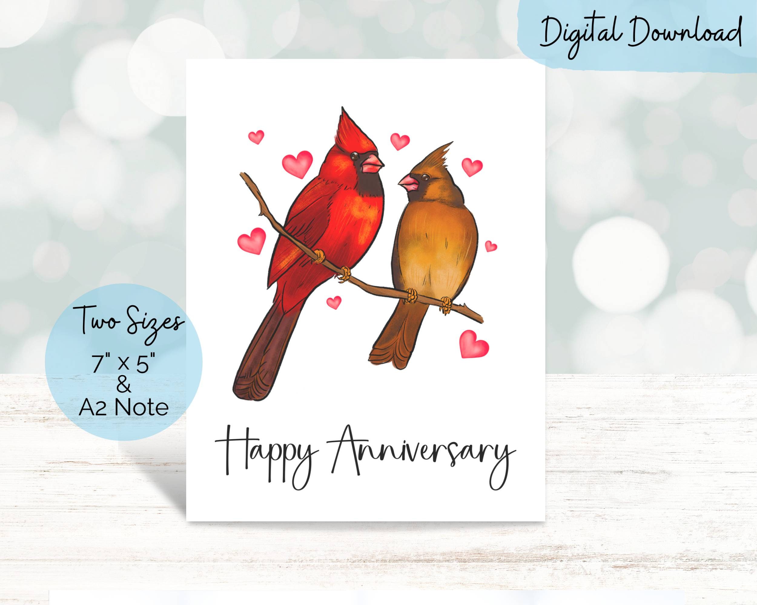 Printable Happy Anniversary Card: Two Cardinals in Love (sizes 5x7 & A2 ...