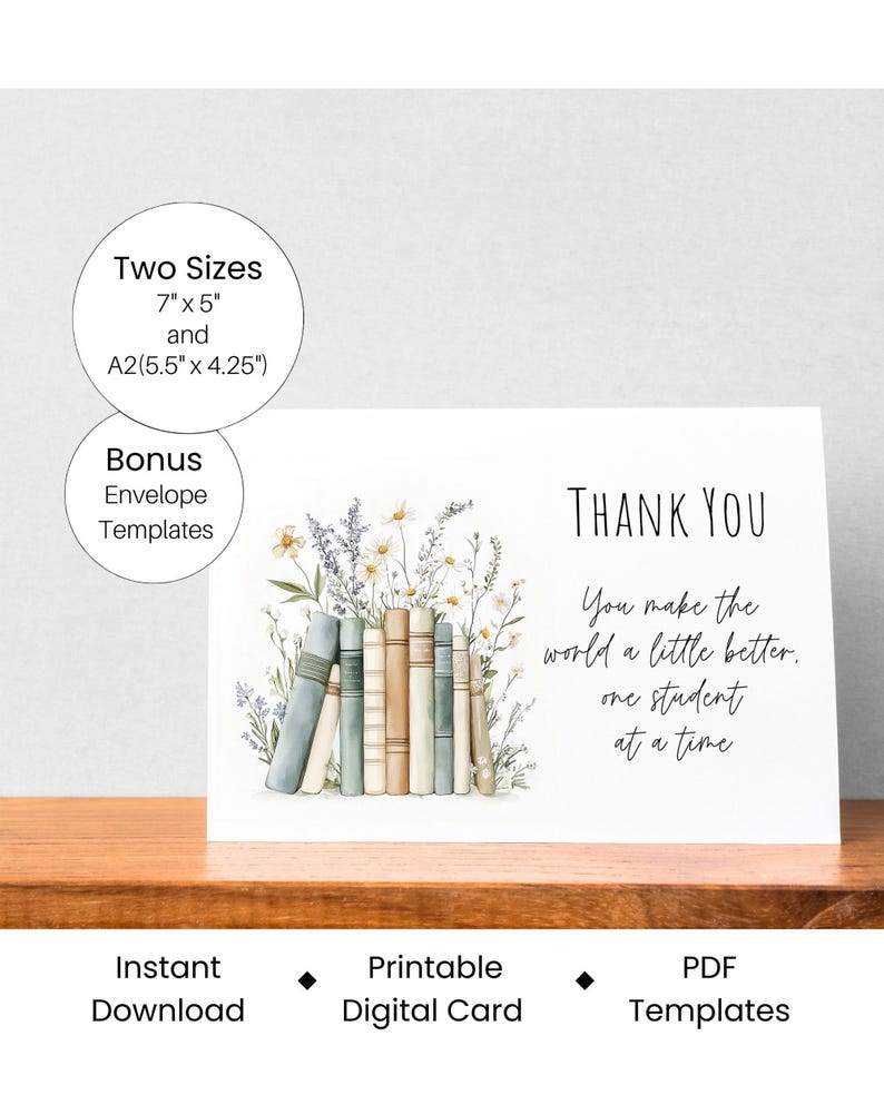 Watercolor Floral Teacher Thank You Card: Printable PDF Templates ...