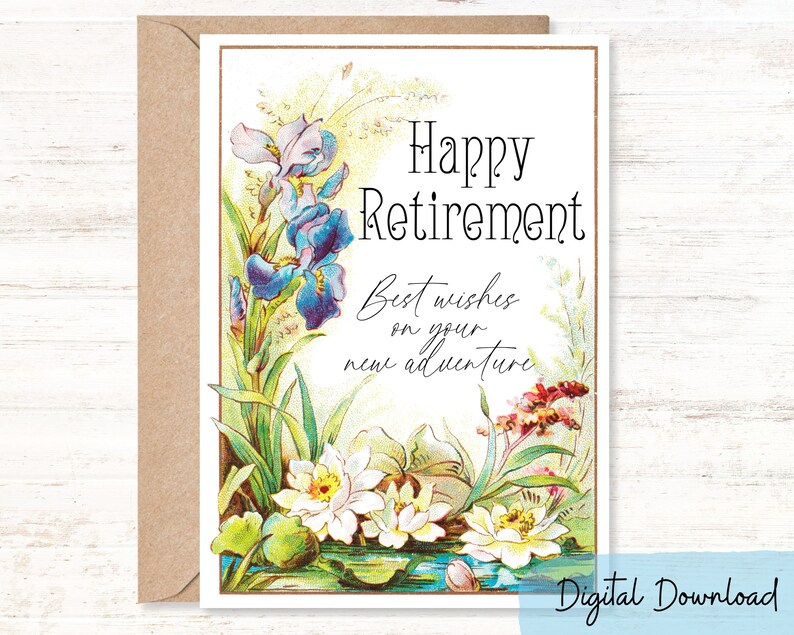 Printable Vintage Floral Style Retirement Card (sizes 5x7 & A2, Digital ...