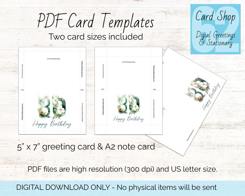 Printable 80th Birthday Card in Sizes 5x7 & A2, Say Happy Birthday to a ...