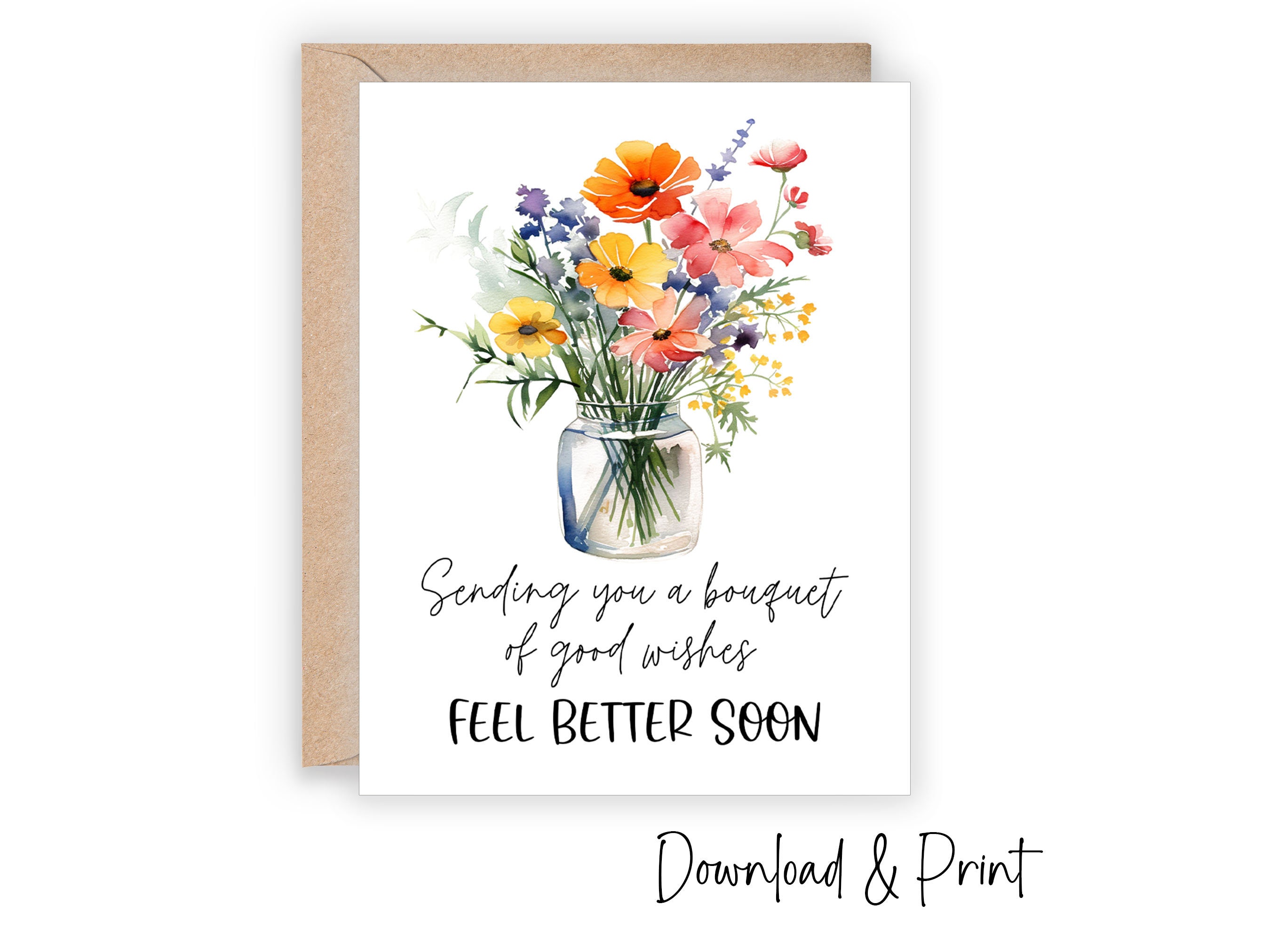 Printable Feel Better Soon Card With Watercolor Floral Bouquet (sizes ...