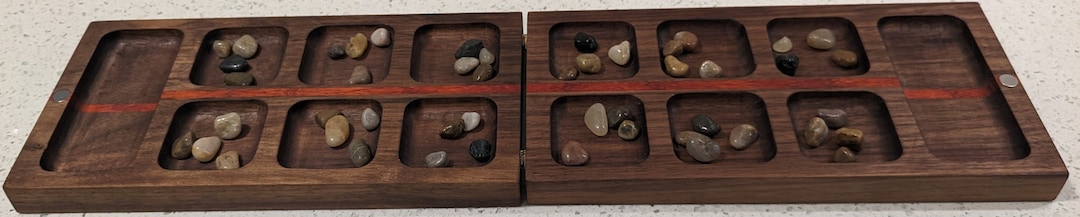 Handmade Wooden Folding Travel Mancala Board With Stone Playing Pieces ...