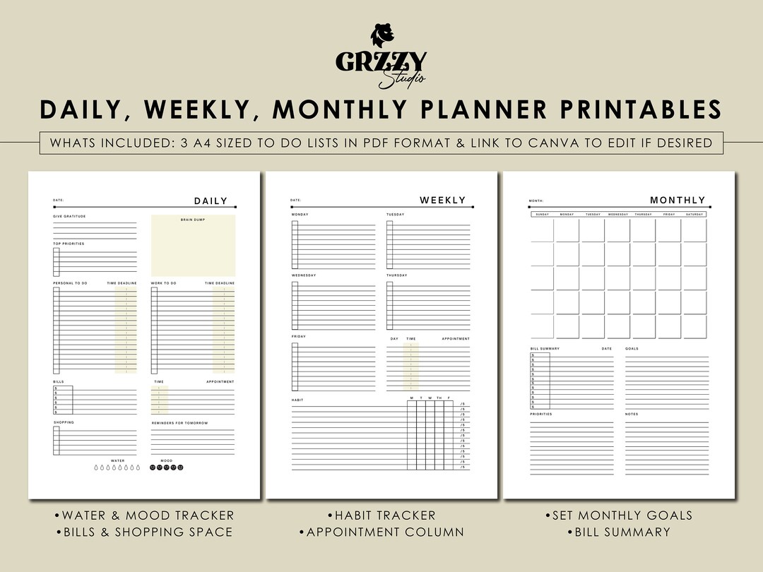 Daily Planner, Weekly Planner, Monthly Planner, Printable Planner ...