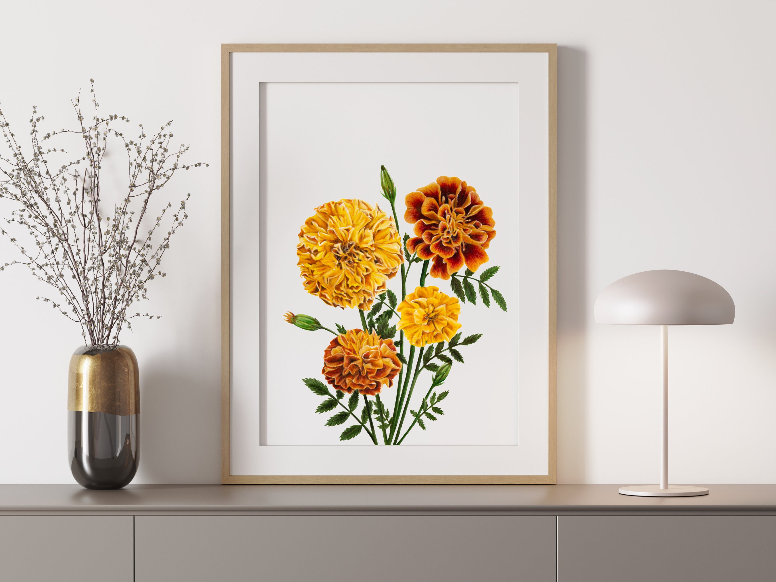 Marigold Flower Art Print, Colored Pencil Art, Printable Wall Art, Fall ...