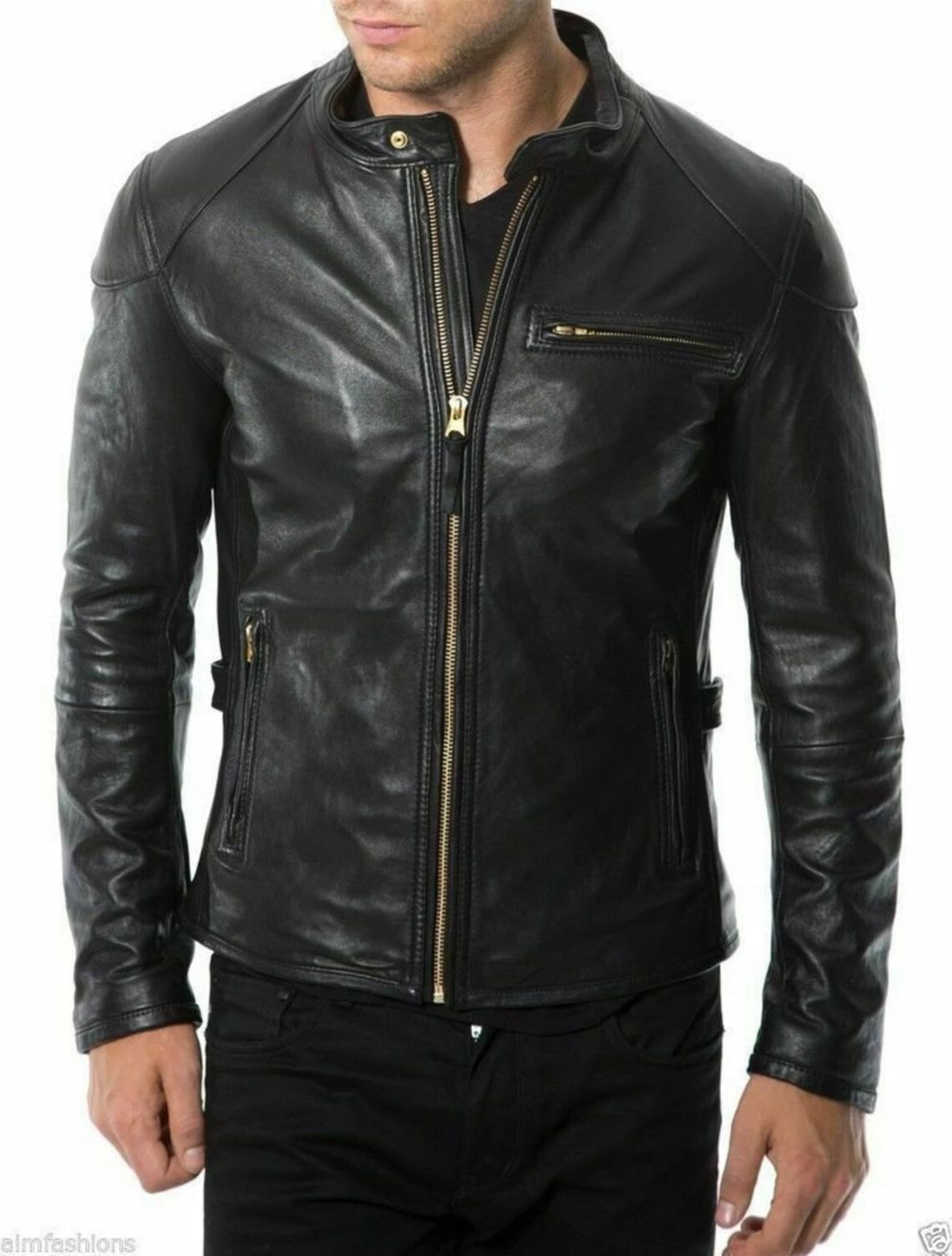 CLASSIC New Men's Gold Zipper Leather Jacket 100% Real Lambskin Stylish ...