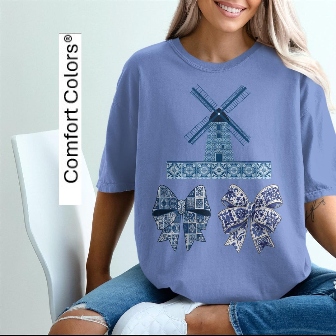 Dutch Dream Era Graphic Tee, Delft Blue Windmill Shirt, Bow Themed T ...