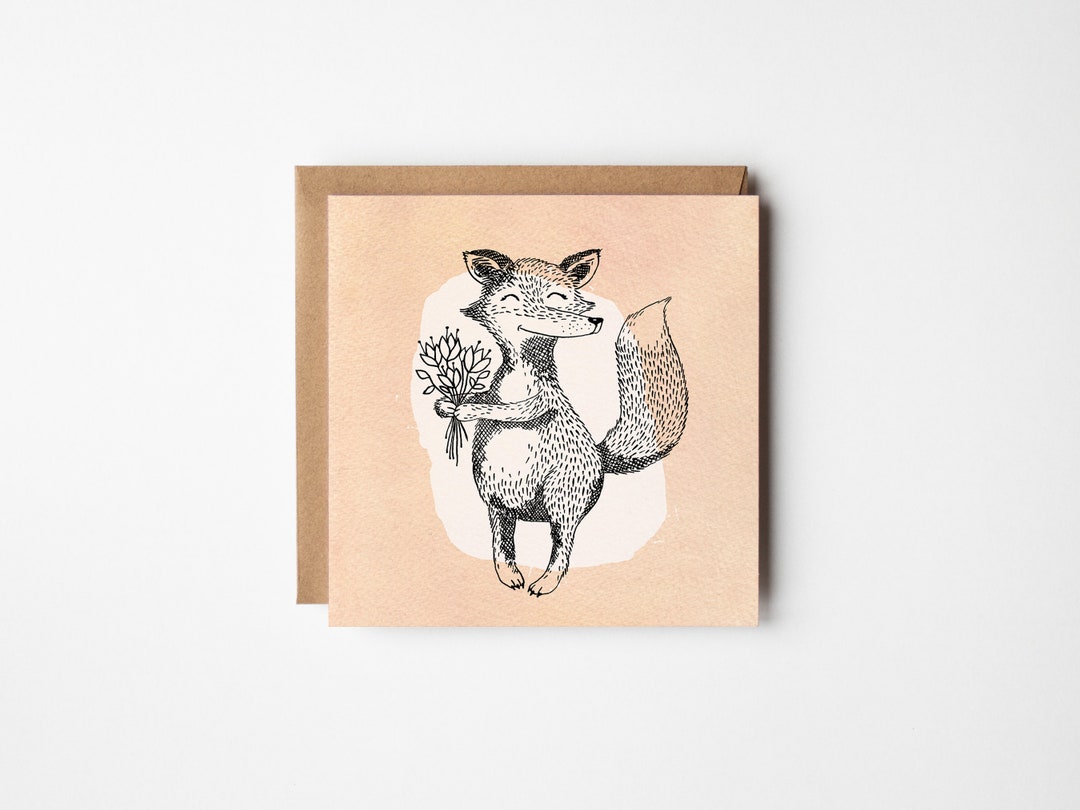 Greeting Card Fox With A Bouquet ǀ Blank Inside ǀ Card With an Envelope ...