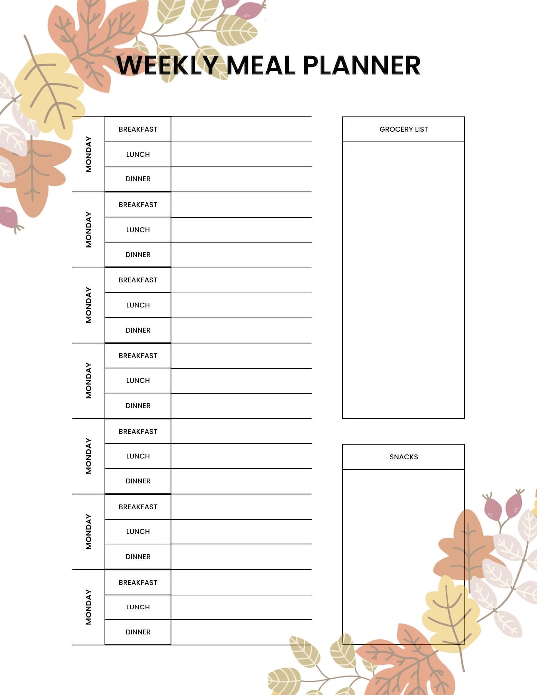 Fall Weekly Meal Planner - Etsy