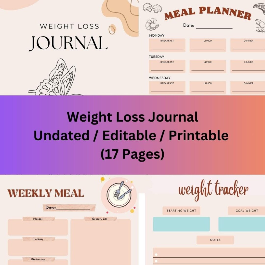 Weight Loss Journal Printable - Undated Editable - 17 Pages - Instant ...