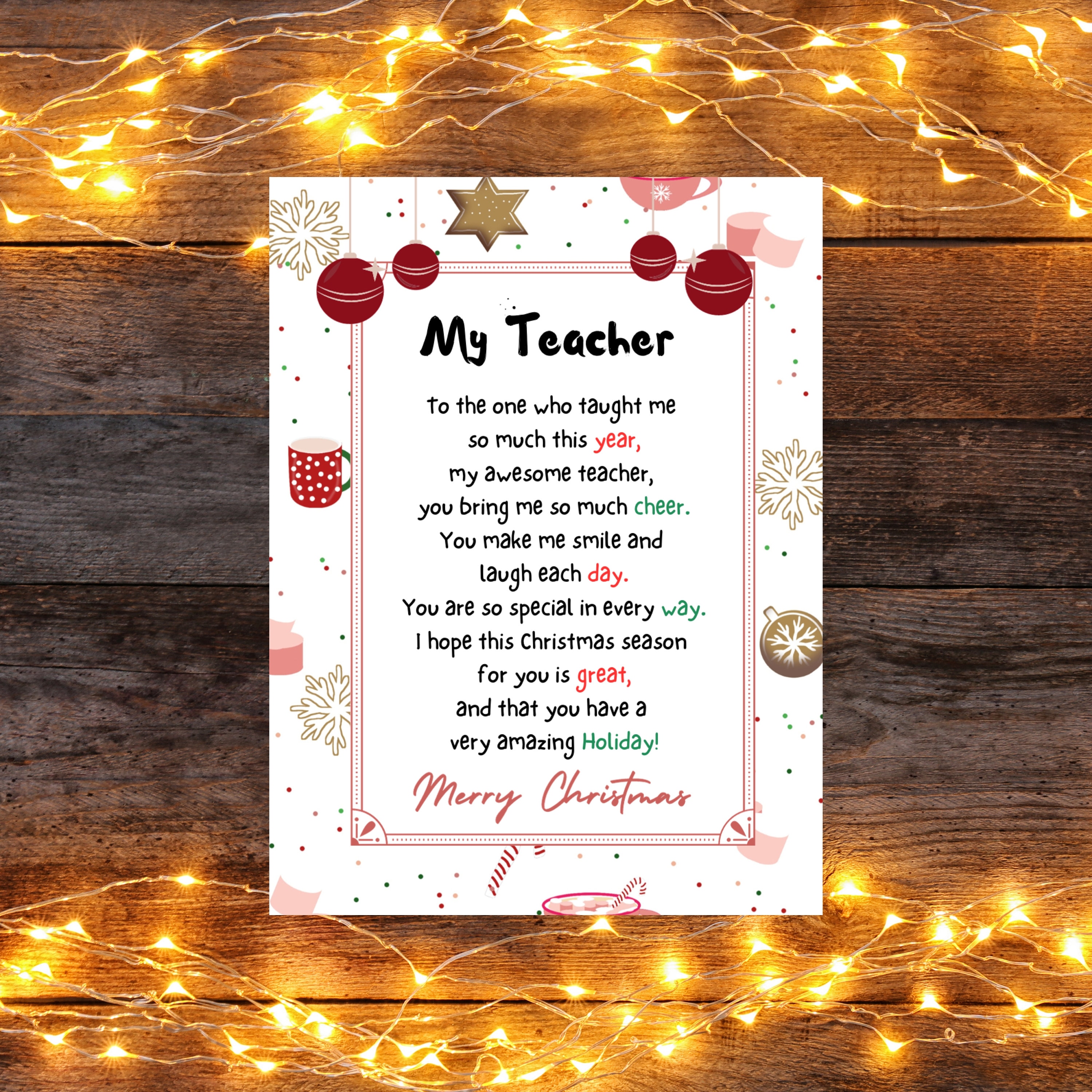 Teacher Christmas Holiday Card / Tag in 3 Sizes + Letter, Christmas ...