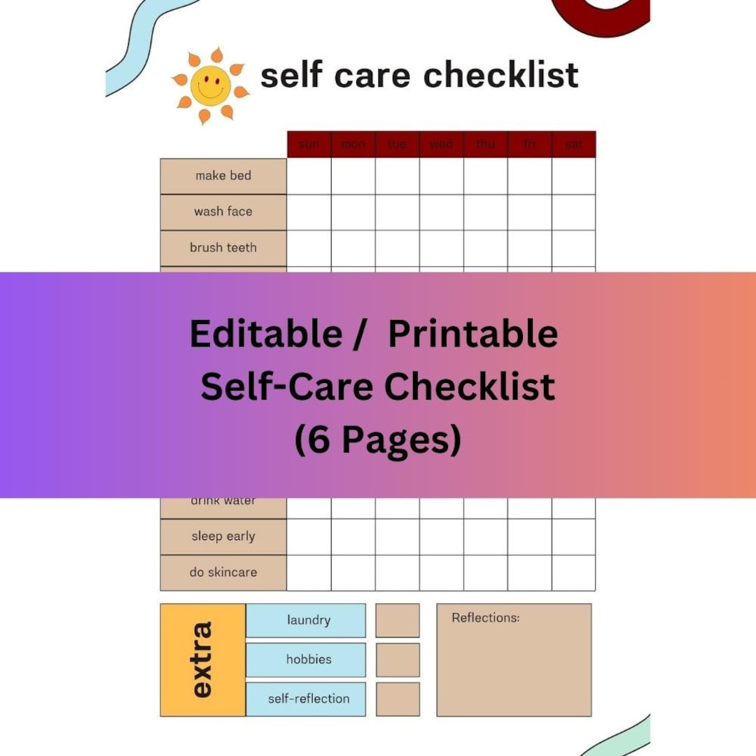 Self-care Checklist Printable - Undated Editable - 6 Pages - Instant ...