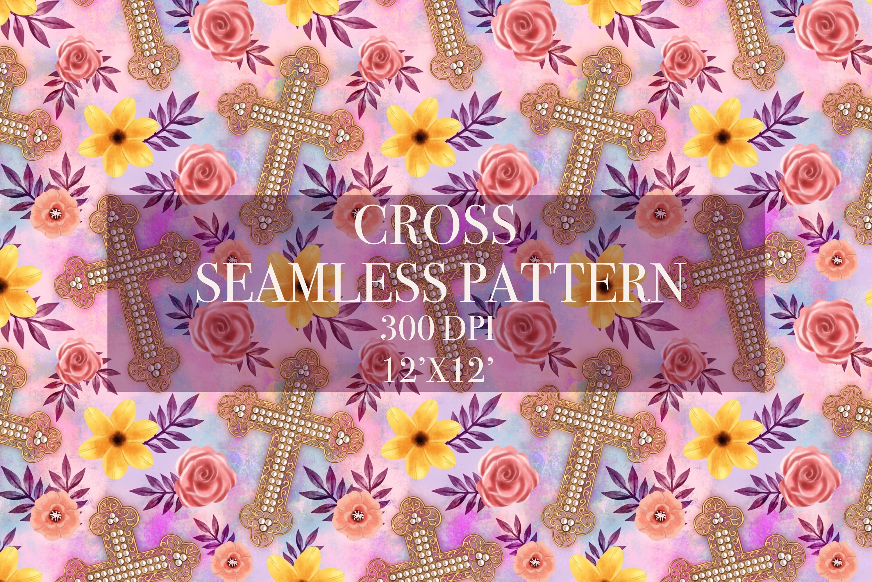 Religion Cross and Flowers Seamless Digital Pattern, Pearly Cross ...
