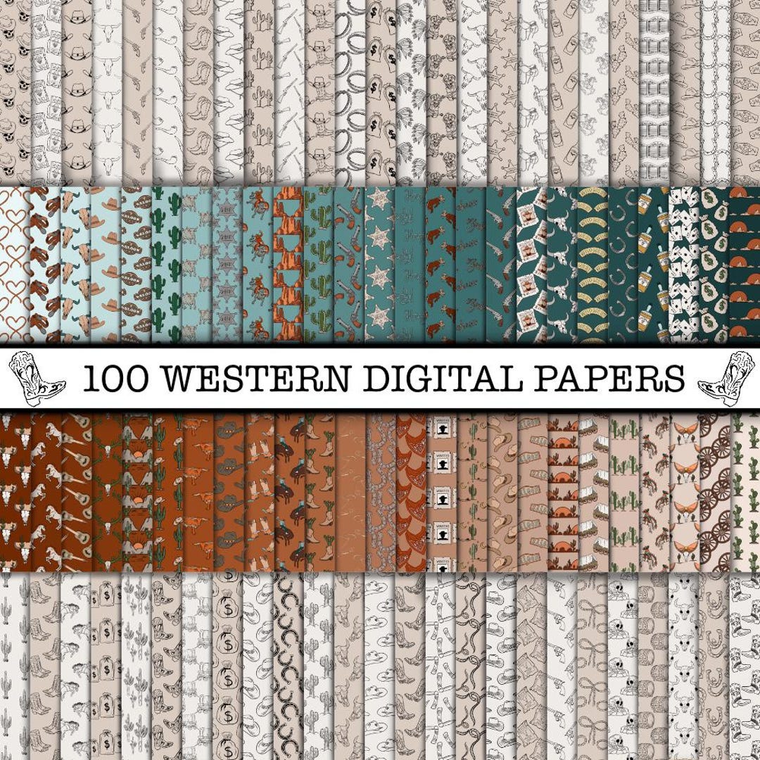100 Western Seamless Patterns, Digital Scrapbook Papers, Western Cowboy ...