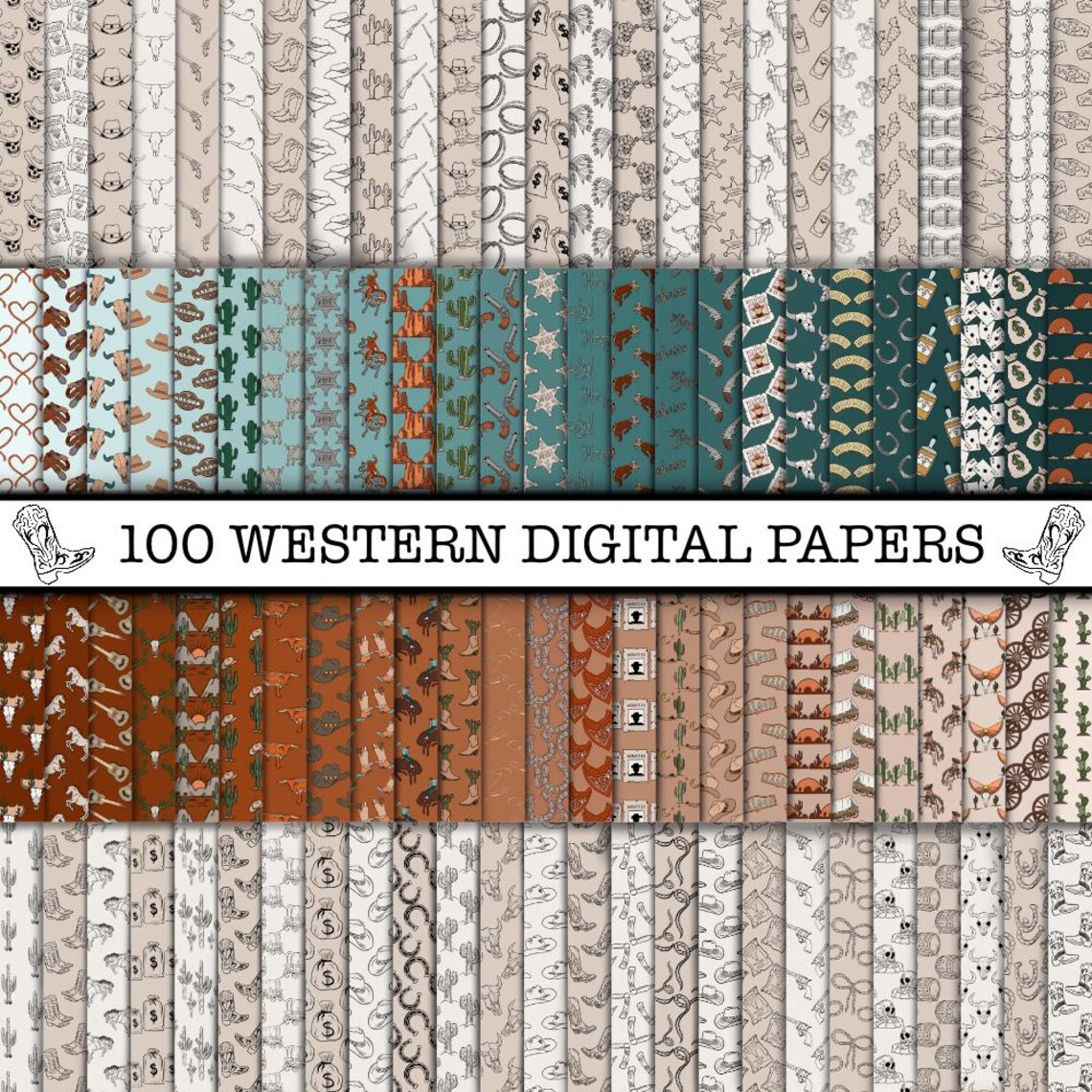 100 Western Seamless Patterns, Digital Scrapbook Papers, Western Cowboy ...