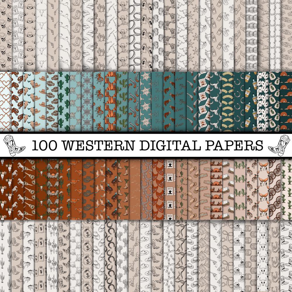 100 Western Seamless Patterns, Digital Scrapbook Papers, Western Cowboy ...