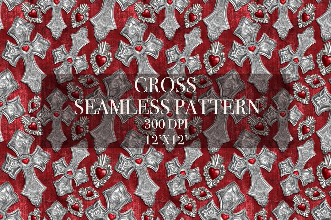 Religion Cross and Hearth Seamless Digital Pattern, Silver Cross ...
