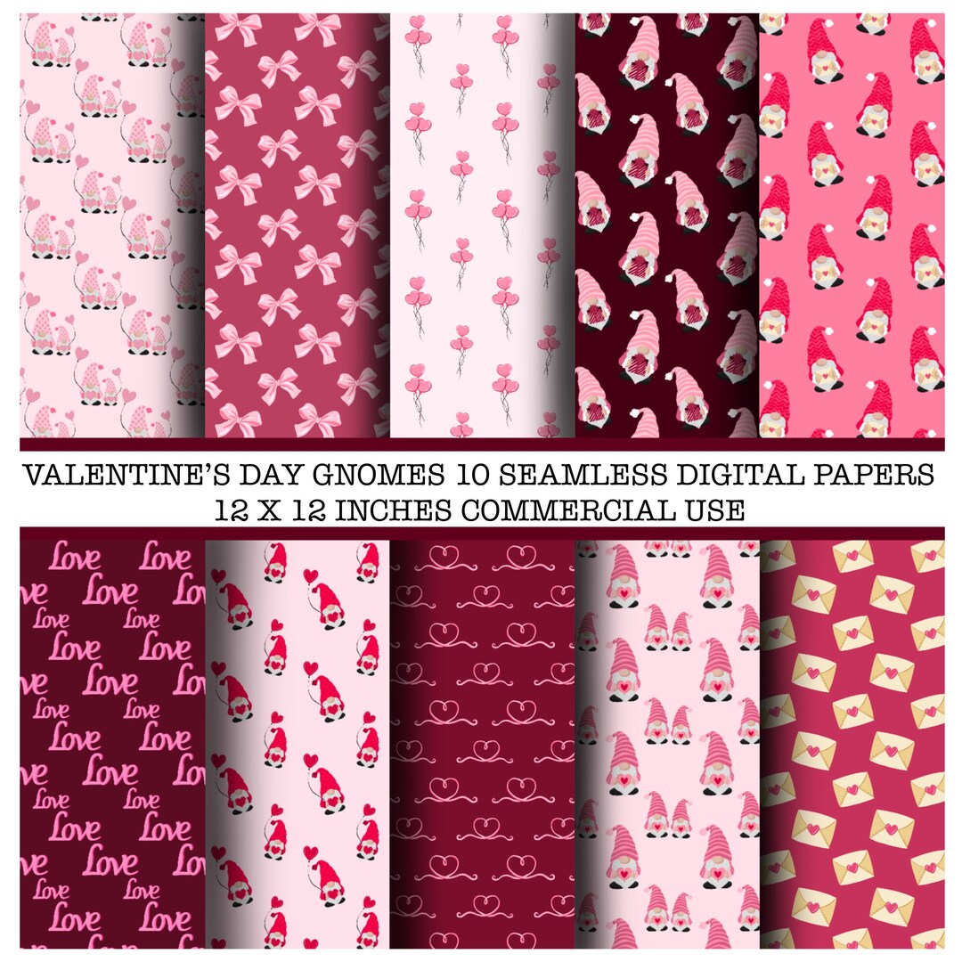 10 Valentine Gnomes Seamless Digital Papers, Printable Valentine ...