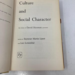 Culture and Social Character by David Riesman HC Hardcover First 1st ...