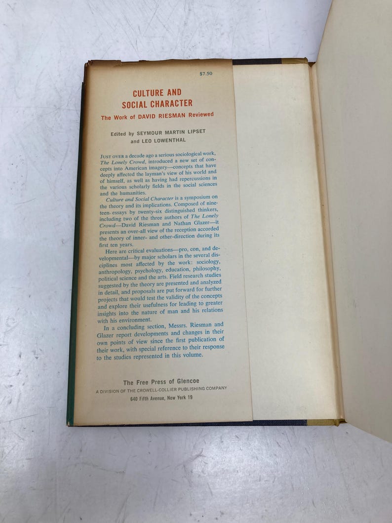 Culture and Social Character by David Riesman HC Hardcover First 1st ...