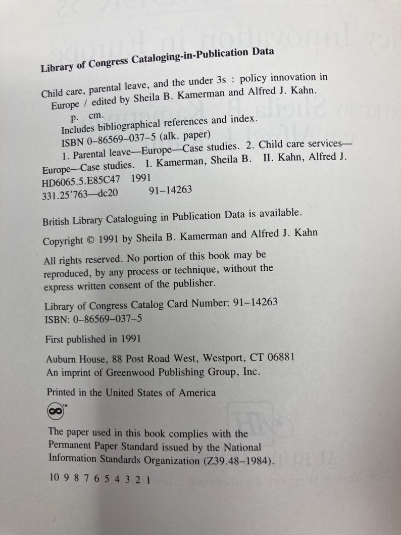 Child Care, Parental Leave, and the Under 3s by Sheila B. Kamerman HC ...