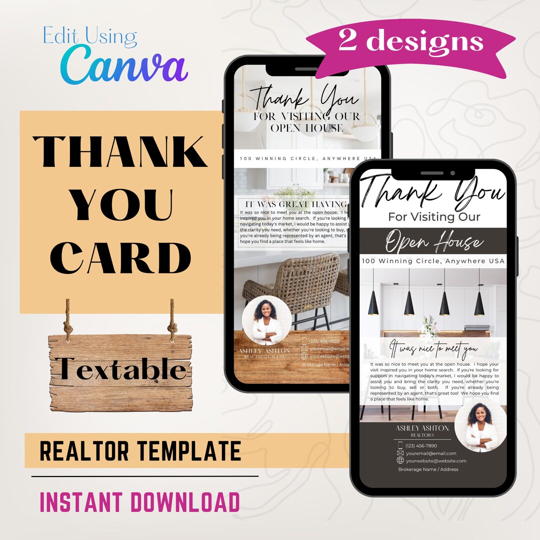 Textable Thank You Card Canva Template Real Estate Business Card Open ...