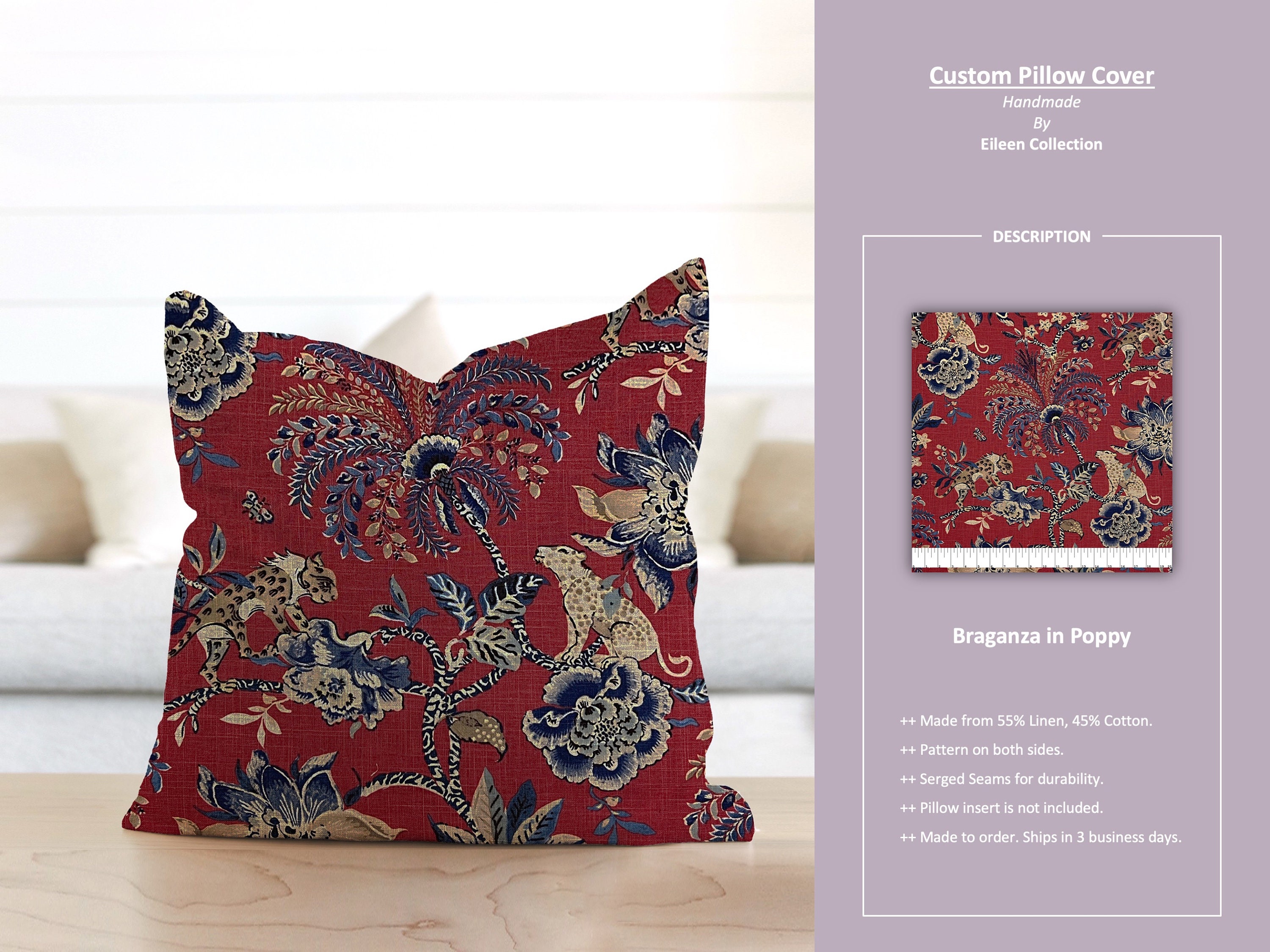 Braganza in Poppy Jacobean Floral Tiger Leopard Dark Red Blue Navy ...