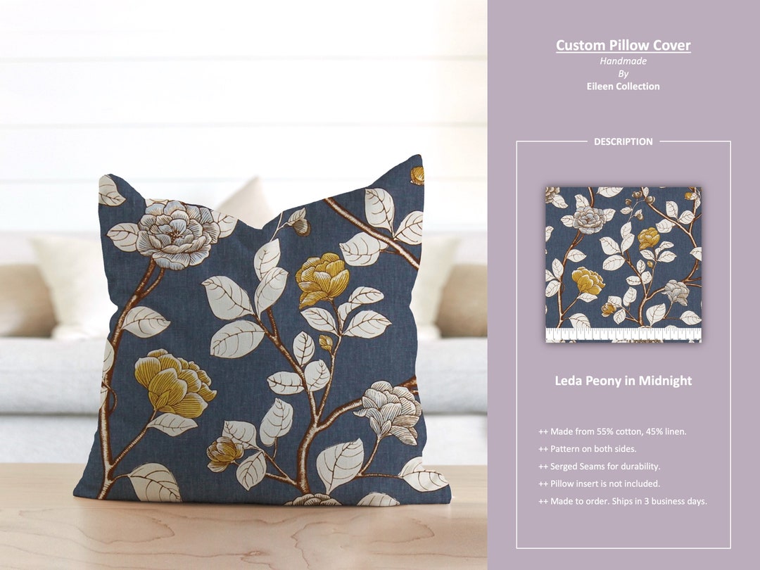 Leda Peony in Midnight; Jacobean Floral Flower Dark Blue Denim White ...